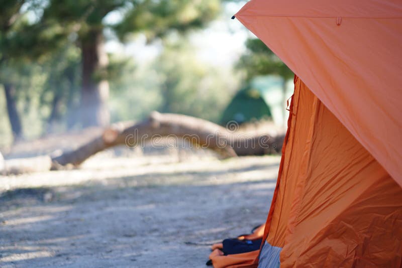 Closeup Shot of an Orange Tent in a Camping Area Stock Image - Image of ...