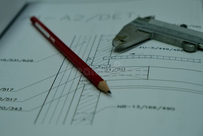 Closeup Shot of the Pencil and Ruler for the Technical Drawing in the ...