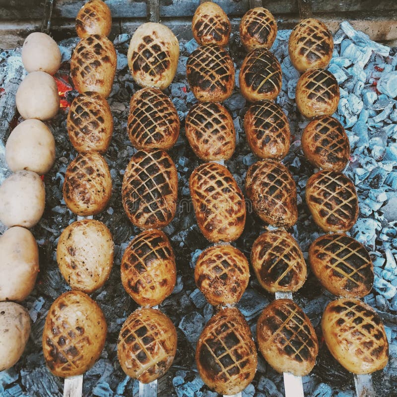 Barbeque Sticks with Meat, on the Grill and Heavy Smoke Above Brazier ...
