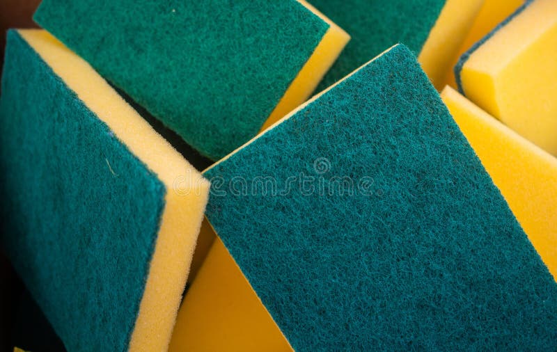 Closeup Shot of Rectangular Yellow Sponges with Green Abrasive Sides ...