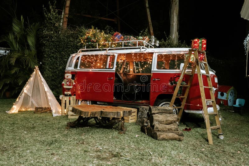 Closeup Shot of a Red and White Van with Christmas Decorations Stock ...