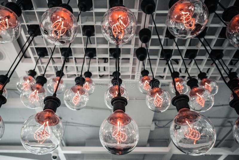 Closeup Shot of Round Light Bulbs Hung on the Ceiling Stock Photo ...