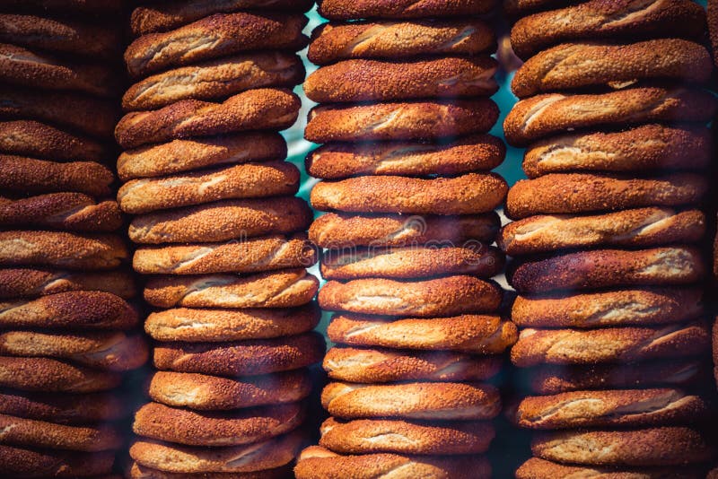Closeup Shot of Rows of Traditional Turkish Simit Bread Stock Photo ...