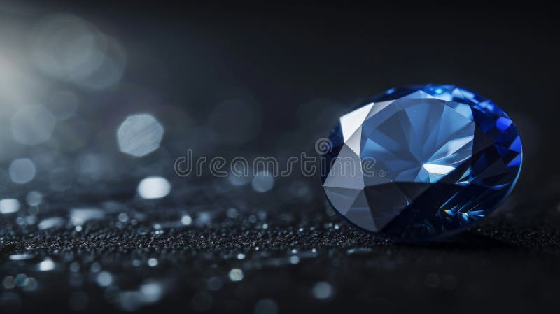 CloseUp Shot of Sparkling Blue Diamond on Dark Surface with Bokeh Light ...