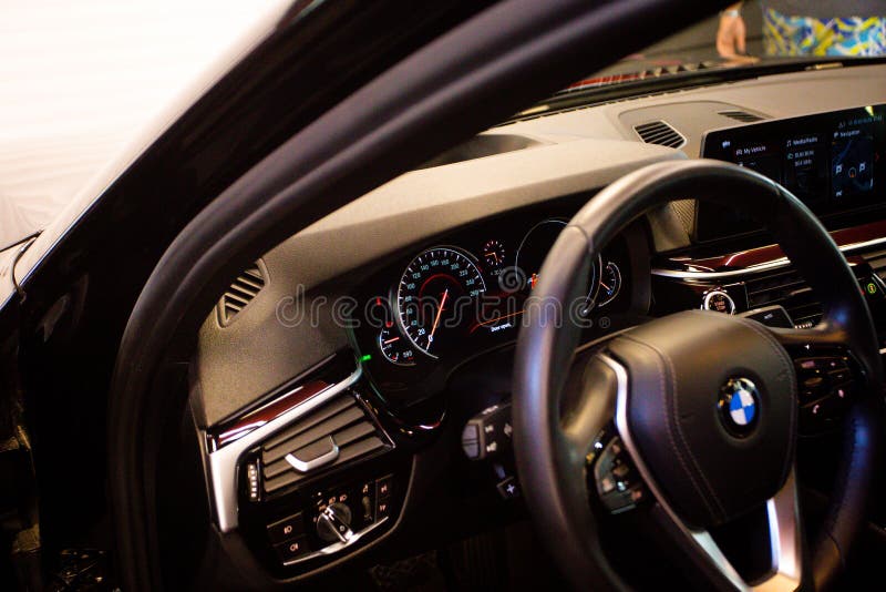 Closeup Shot of the Steering Wheel of a BMW 5G Vehicle, with the ...