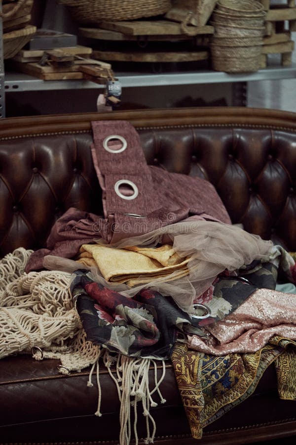 Closeup Shot Of Traditional Pieces Of Fabric On A Leather Couch Stock ...