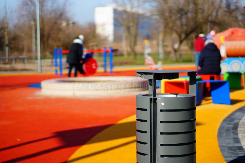 Closeup Shot of a Trash Can in the Children S Playground Stock Image ...