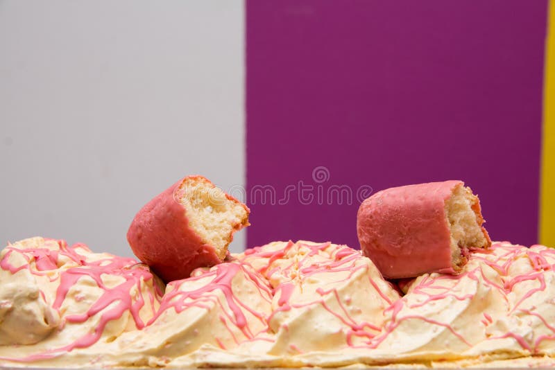 Closeup Shot of Yummy Pink Ice Cream with Pink Biscuits in a Steel ...
