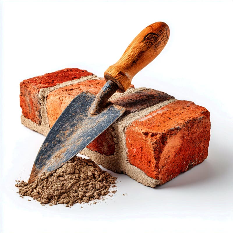Bricks with Mortar and Trowel Construction on White Surface Isolated on ...