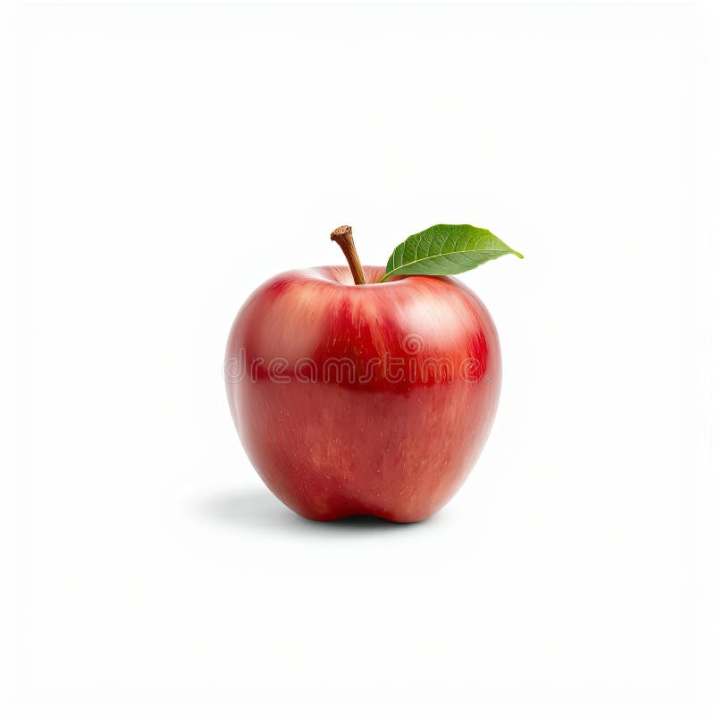 Closeup of a Single Fresh Red Apple with a Stem and a Leaf on White ...