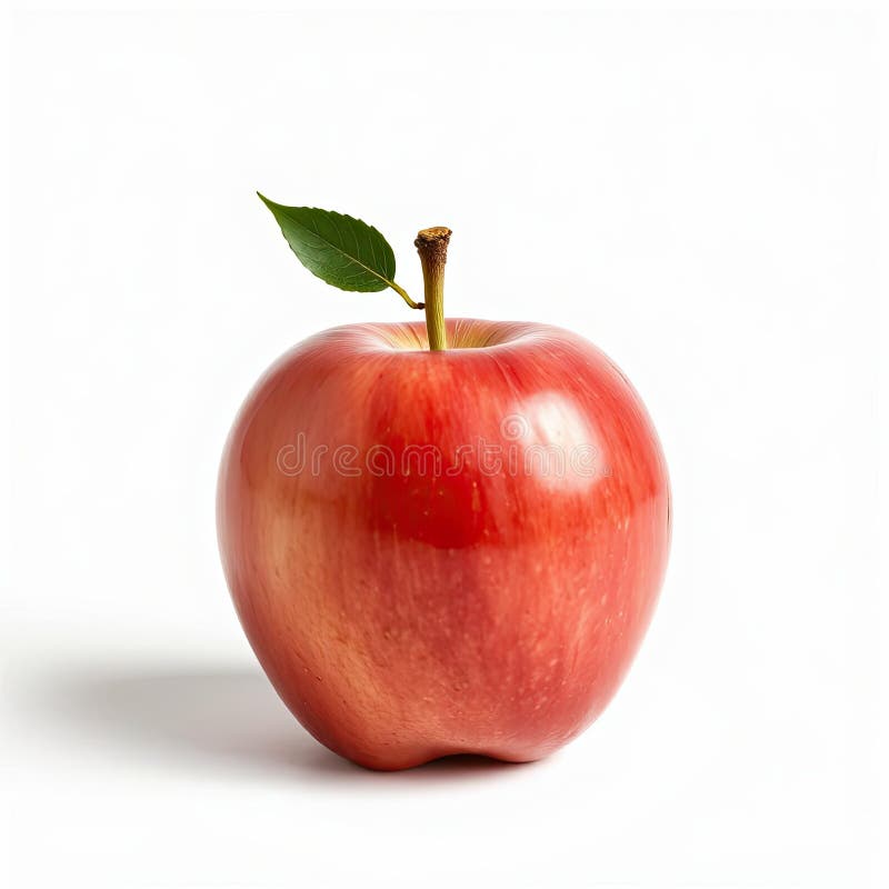 Closeup of a Single Fresh Red Apple with a Stem and a Leaf on White ...