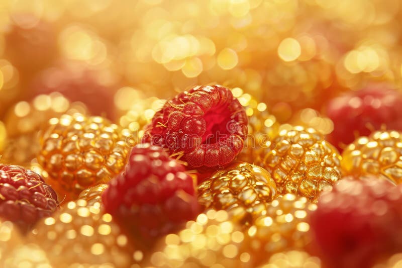 Closeup of a Single Raspberry on a Backdrop of Golden Beads, with a ...