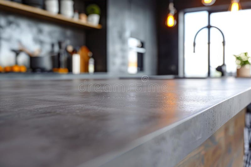 Modern Kitchen Countertop with Blurred Background Stock Image - Image ...