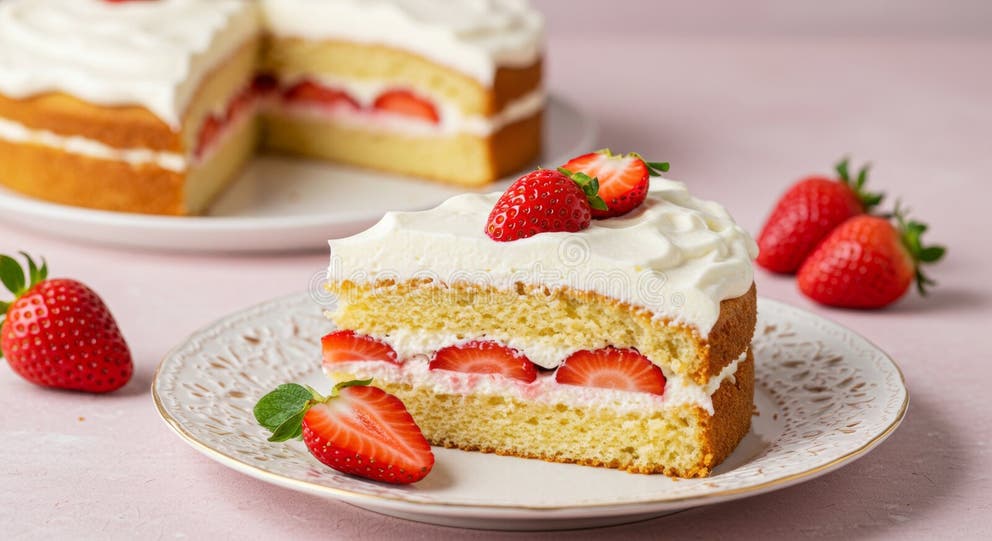 Closeup of a Slice of Strawberry Shortcake on a Plate Stock ...
