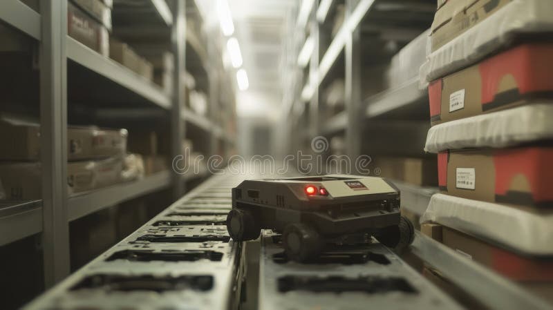 A Closeup of a Small Robotic Vehicle Navigating through Rows of Stacked ...