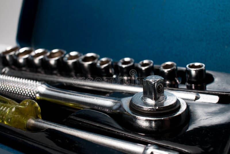Closeup of a Small Socket Wrench Set in a Metal Storage Box with the ...
