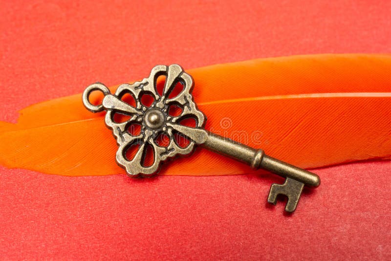 Closeup of a Small Vintage Key on an Orange Feather Under the Lights ...