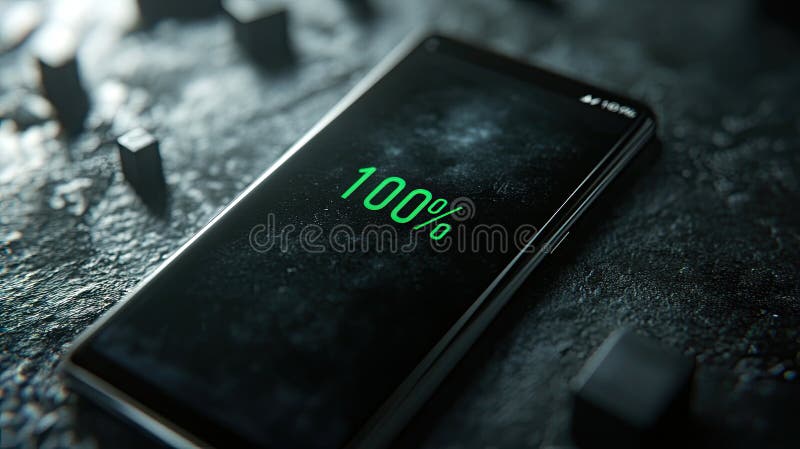 Closeup of a Smartphone with Fully Charged, Green "100 " Battery on the ...