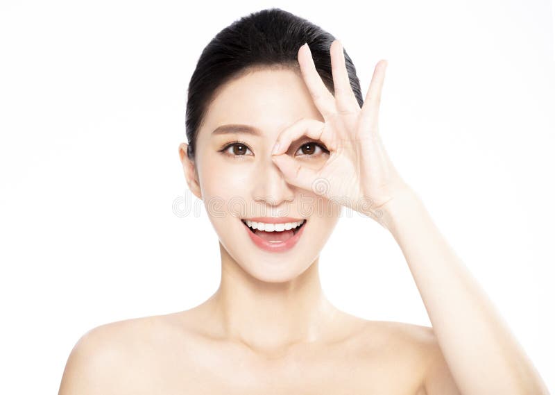 Closeup of Smiling Beauty Making Look Gesture Stock Image - Image of ...