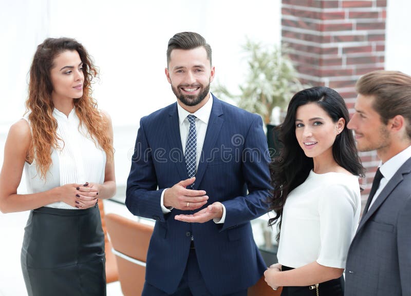Smiling Business Team Talking, Standing in Office Stock Photo - Image ...