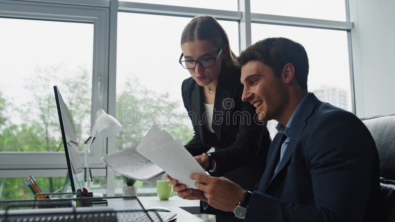 Closeup Smiling Managers Working Analysing Documents Computer Data in ...
