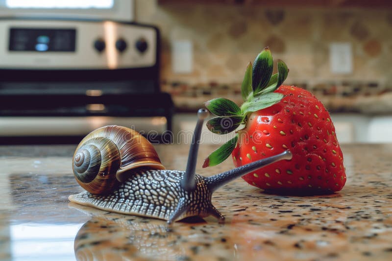 Closeup of a Snail Stretching Towards a Strawberry on a Kitchen Counter ...