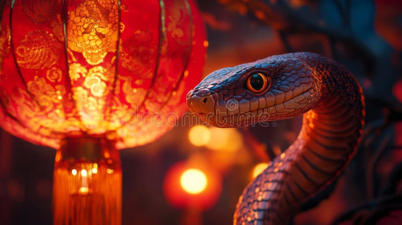Closeup of a Snake Near a Red Lantern at Night Stock Illustration ...