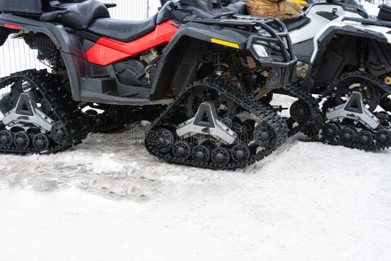 Closeup of Snowmobile with Snow at Ski Resort Stock Photo - Image of ...
