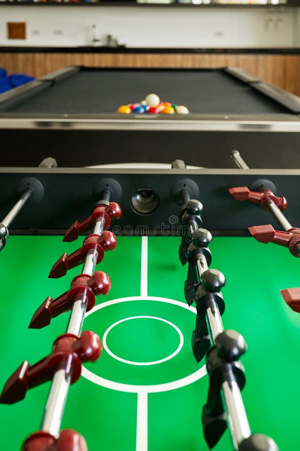 Soccer Table Game. Green Field with Blue and White Plastic Footballers ...