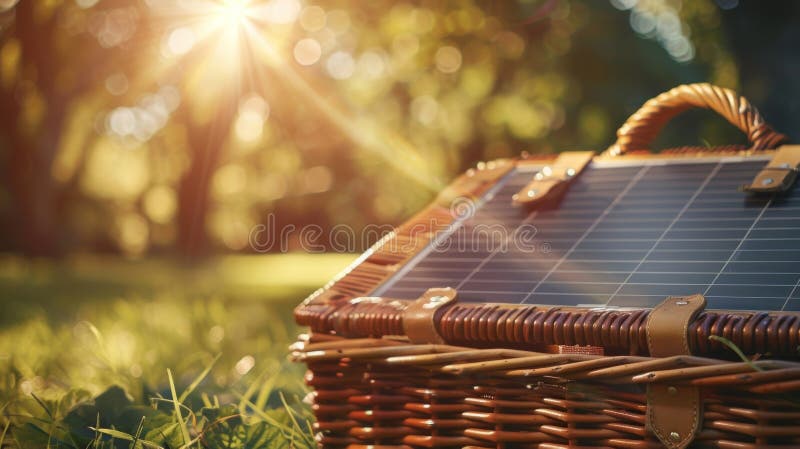 A Closeup of the Solar Panel on a Picnic Basket with Vibrant Sun Rays ...
