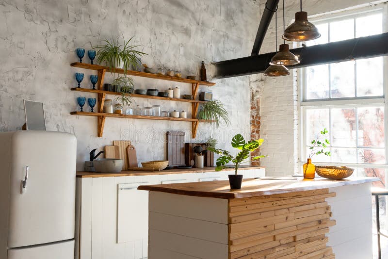 Closeup of a Spacious Loft Industrial Open Space Kitchen Studio ...