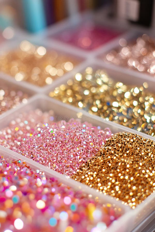 Closeup Sparkling Pink Gold Glitter Beads in Boxes High Quality Image ...