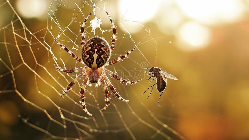 Closeup of Spider on Web Capturing Fly in Sunshine, Natural Predator ...