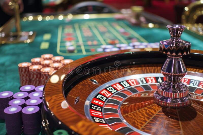 Casino Roulette Wheel with Chips on Table Stock Image - Image of felt ...