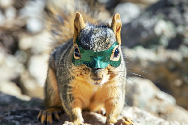 Closeup of Squirrel with a Green Hero Mask, Standing on Rock Stock ...