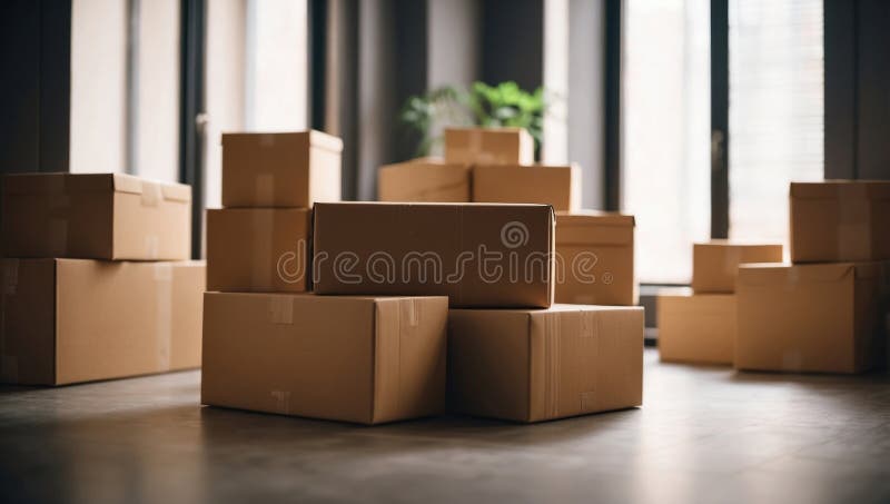 Closeup Stack of Cardboard Boxes in the Empty Room, Moving To the New ...