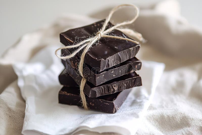 Closeup Stack of Pieces of Bitter Dark Chocolate Bars Tied with Thread ...