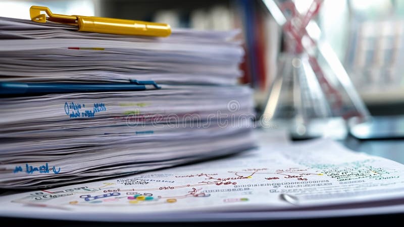 A Closeup of a Stack of Research Papers and Annotated Notes on a ...
