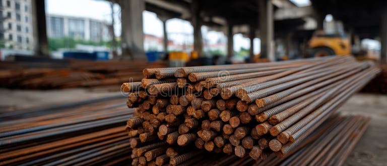 Stack of Rusty Rebar Steel Rods in an Industrial Warehouse Construction ...