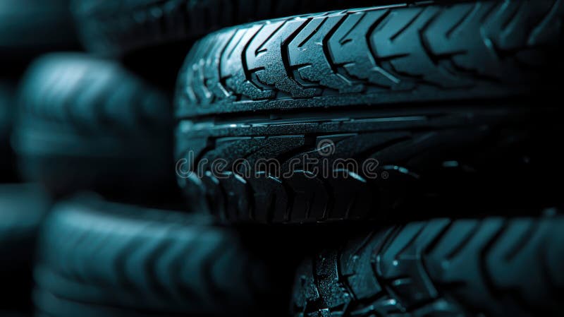 Closeup of Stacked Car Tires with Deep Tread Patterns in Dim Lighting ...