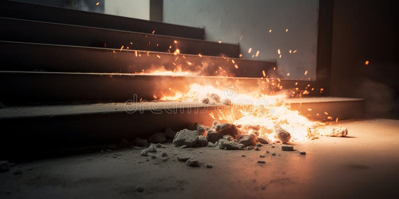 Closeup of Stair Treads Exploding in Bright Fire and Chunks of Concrete ...