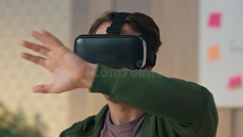 Closeup Startuper Swiping Metaverse Office. Man Using Virtual ...