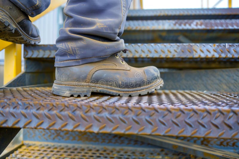 Closeup of Steel Steps with Workers Boots Stepping Up Stock Image ...
