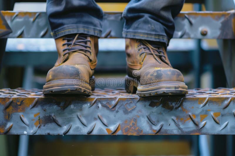 Closeup of Steel Steps with Workers Boots Stepping Up Stock Photo ...