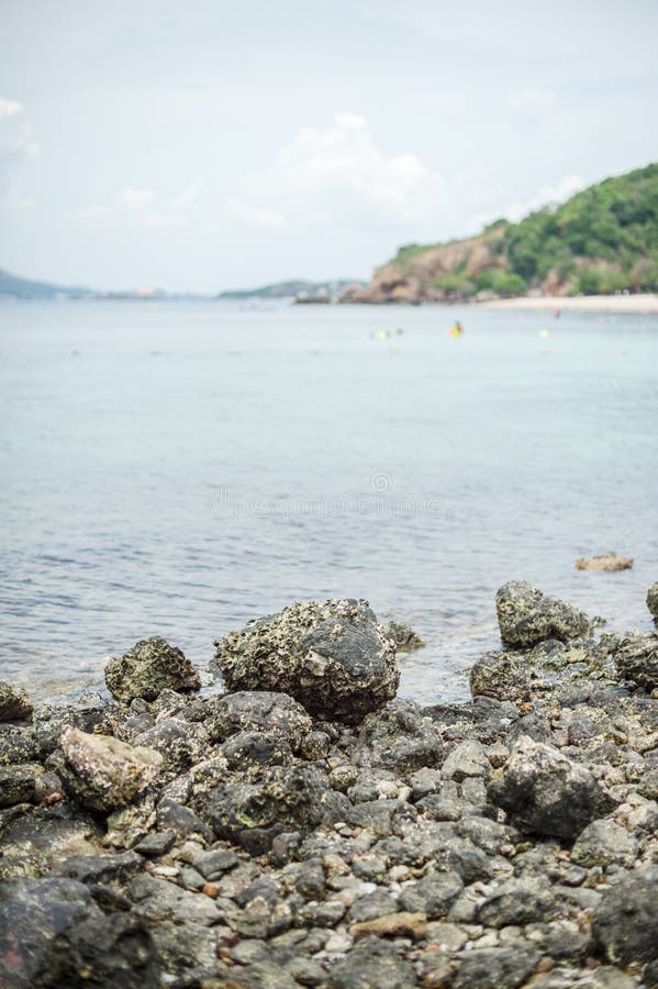 Stone on Sea Beach with Clouds Sky Landscape Stock Photo - Image of ...