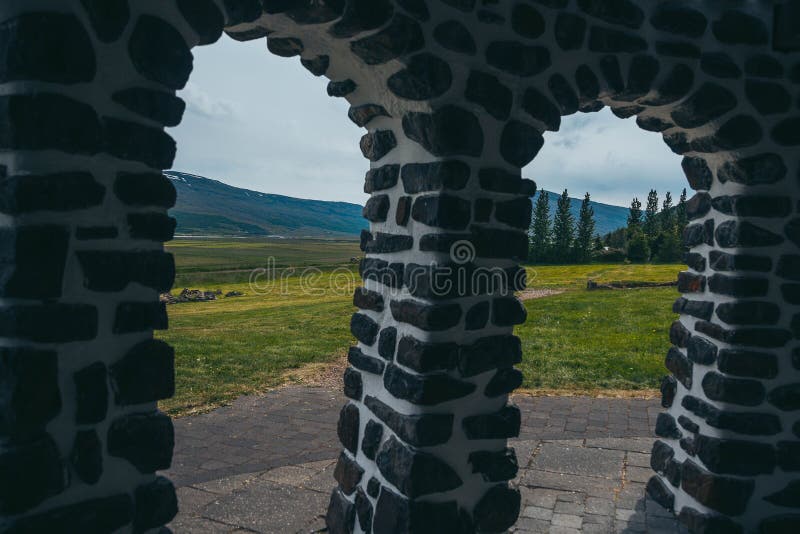 Closeup of Stone Walls on a Building Overlooking Grass Fields Stock ...