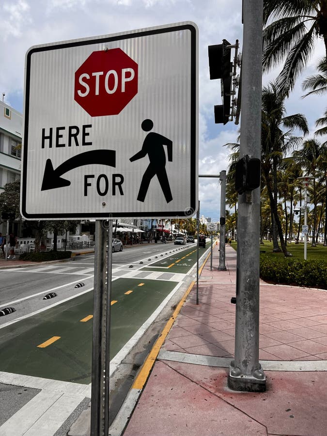 Closeup of Stop Here Pedestrian Sign in Street Editorial Stock Photo ...