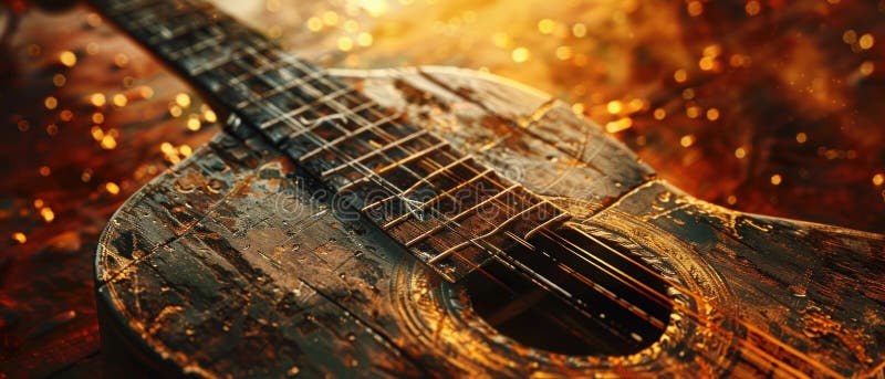 A Closeup of the Strings of an Old, Rustic Guitar with a Golden Hue ...