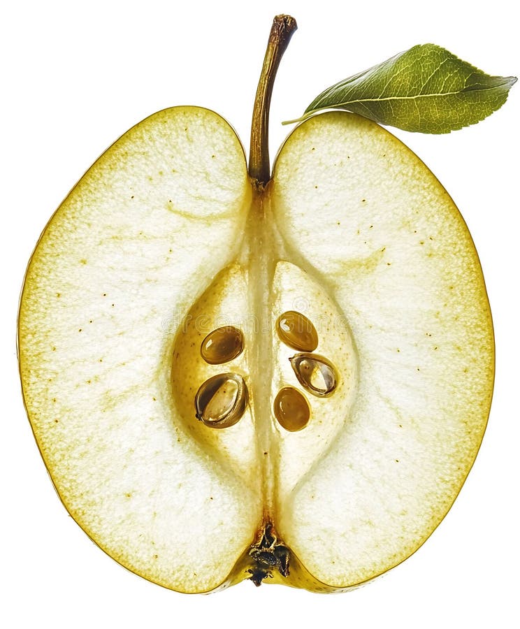 Translucent Half Pear Section with Seeds and Leaf on White Background ...