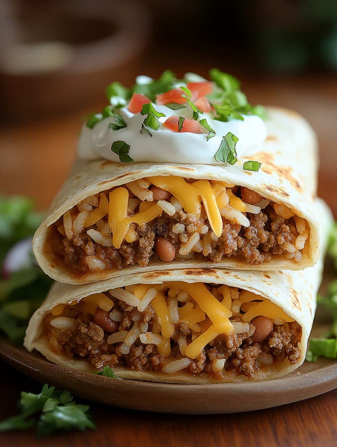 Closeup of a Stuffed Burrito with Cheese, Beef, Rice, and Beans Stock ...
